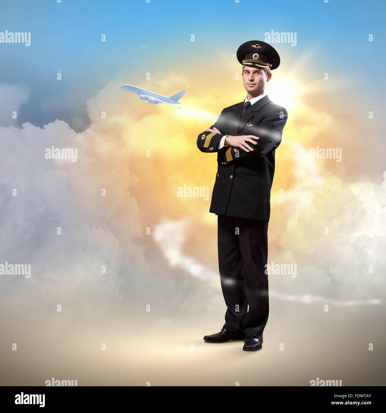 Image of male pilot with airplane flying around him Stock Photo - Alamy