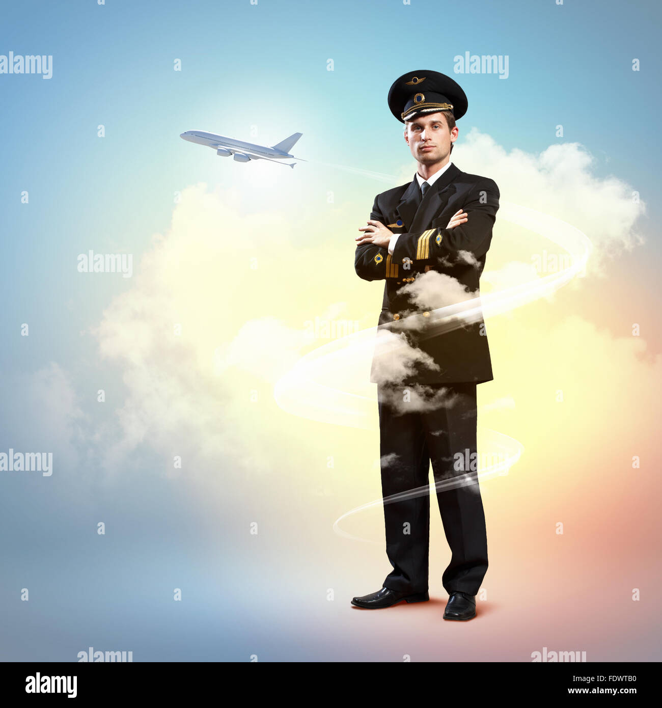 Image of male pilot with airplane flying around him Stock Photo - Alamy