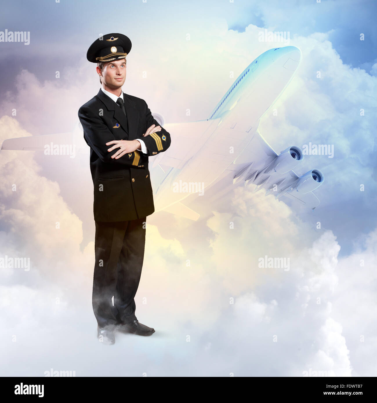 Image of male pilot with airplane at background Stock Photo - Alamy