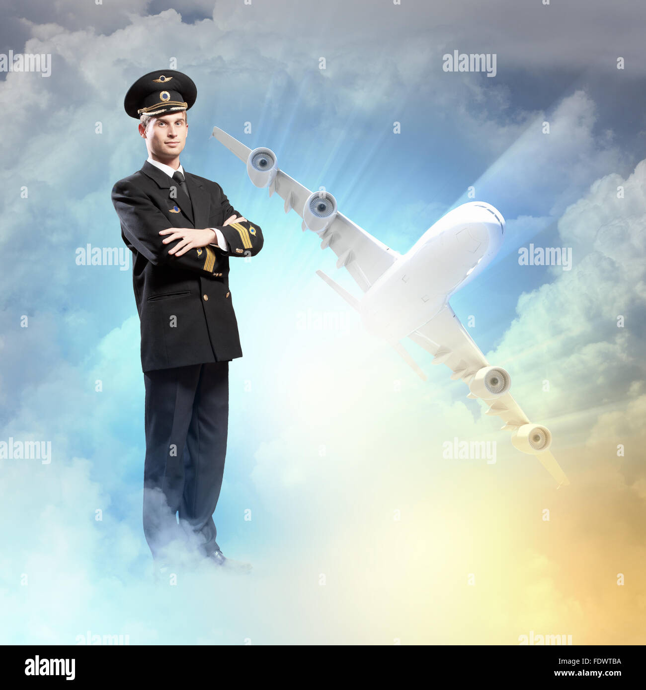 Image of male pilot with airplane at background Stock Photo - Alamy