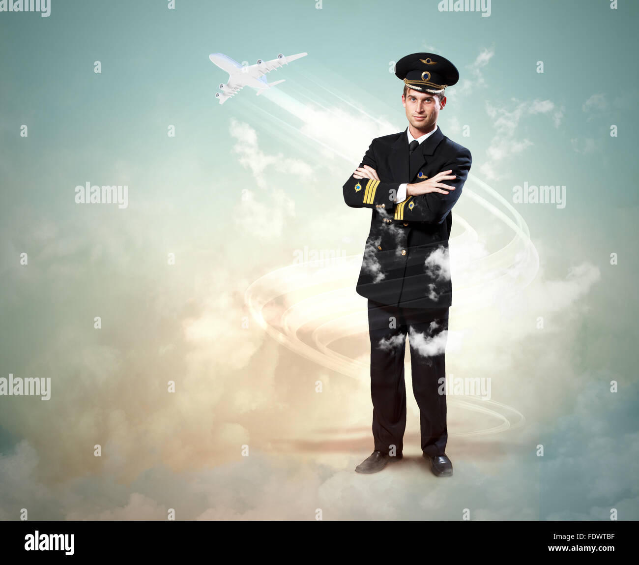 Image of male pilot with airplane flying around him Stock Photo - Alamy