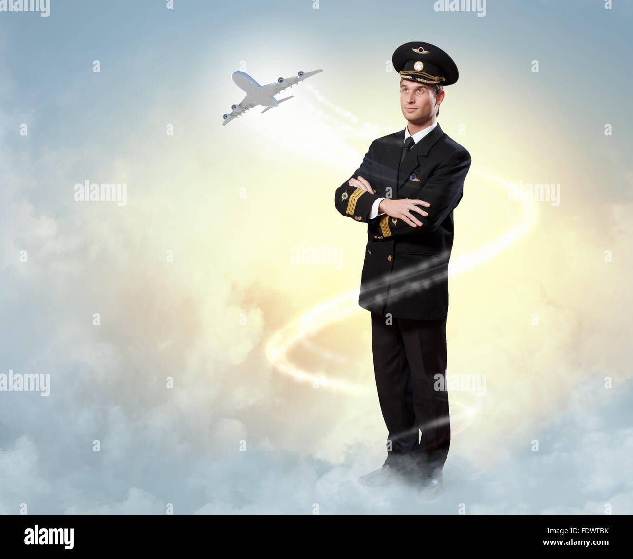 Image of male pilot with airplane flying around him Stock Photo - Alamy