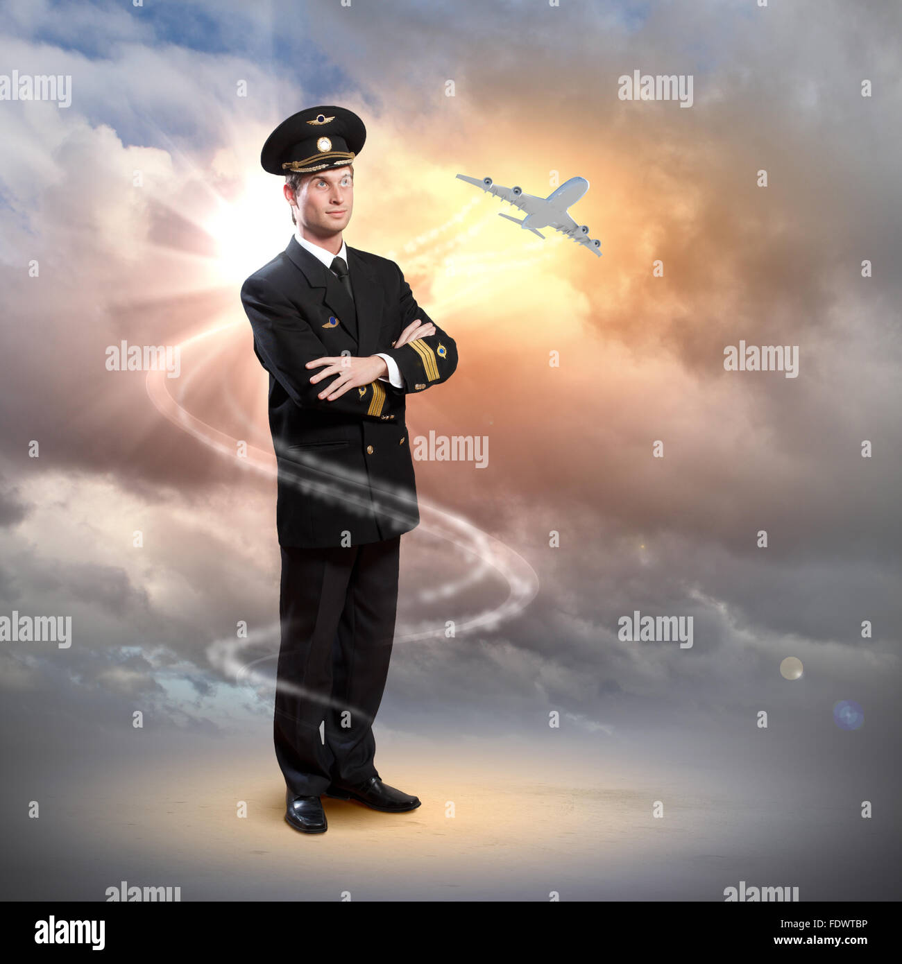 Image of male pilot with airplane flying around him Stock Photo - Alamy