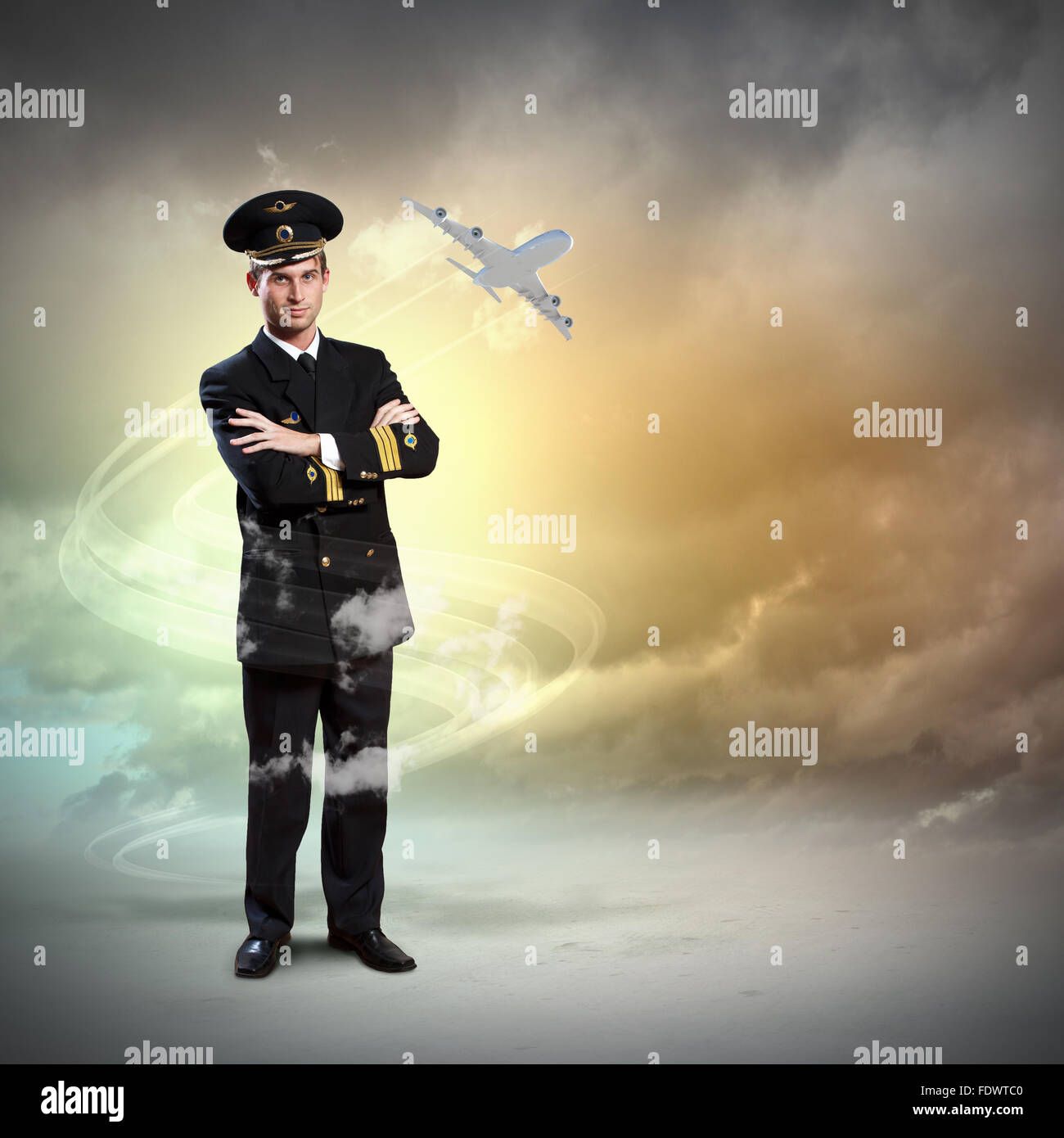 Image of male pilot with airplane flying around him Stock Photo - Alamy