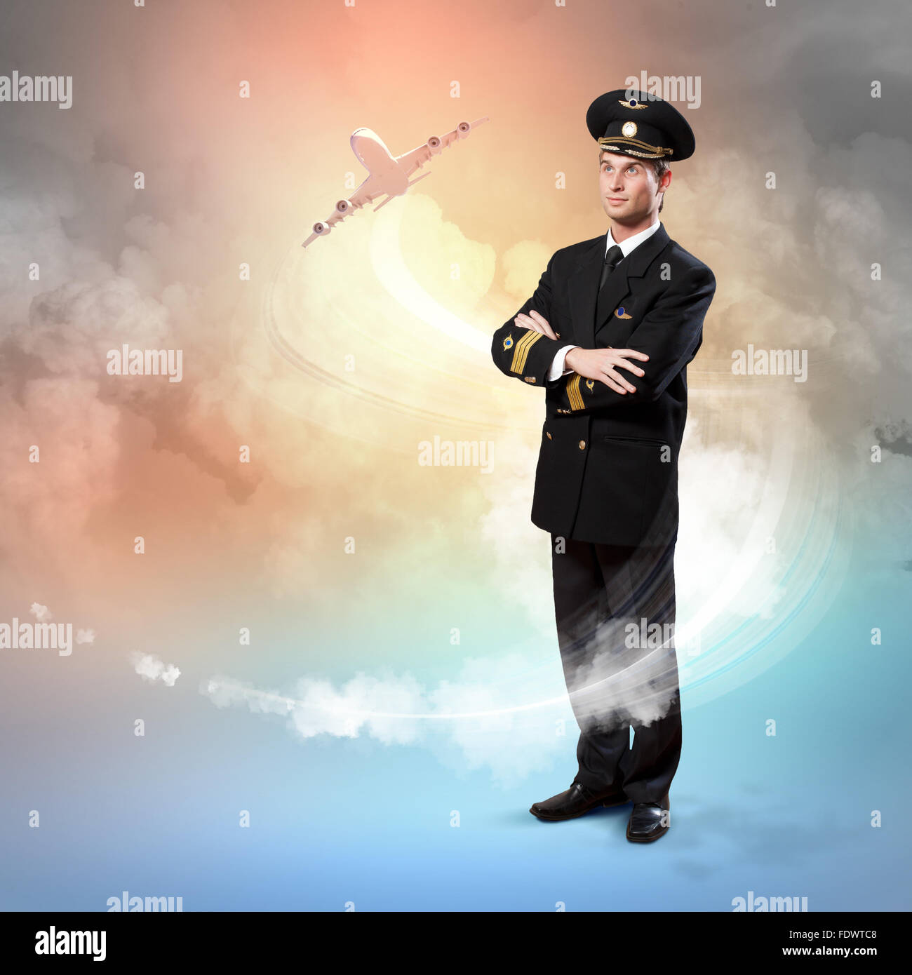 Image of male pilot with airplane flying around him Stock Photo - Alamy