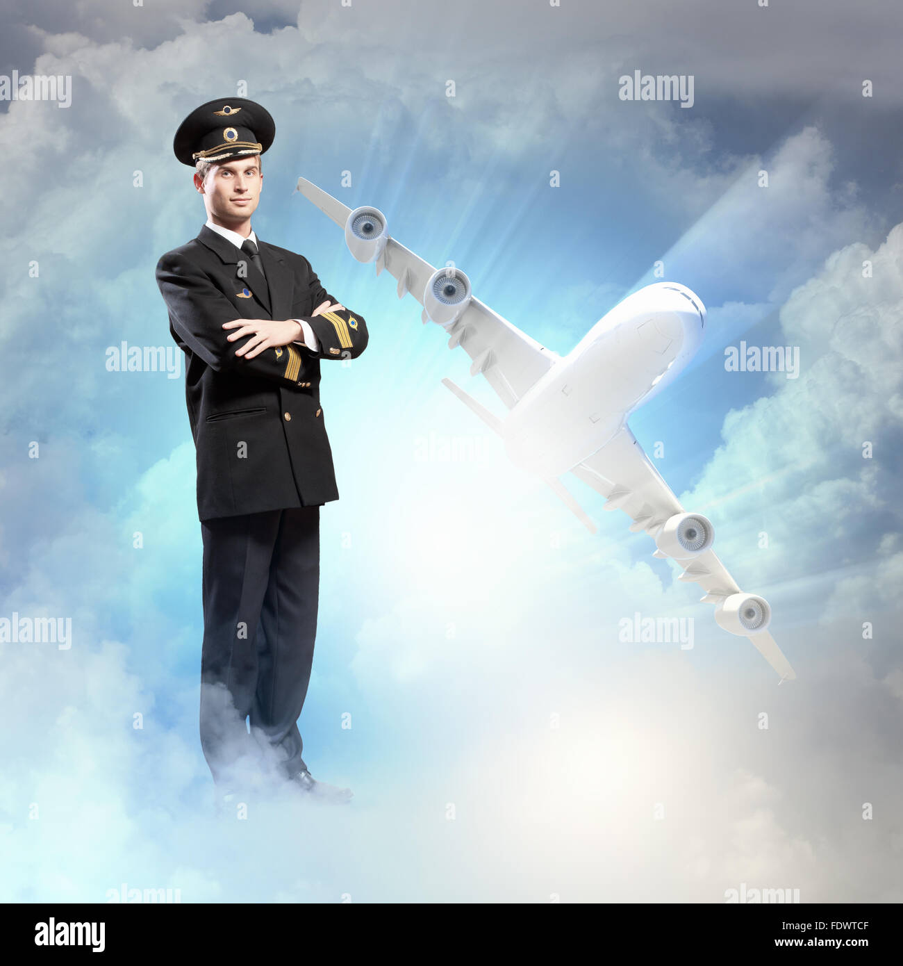 Image of male pilot with airplane at background Stock Photo - Alamy