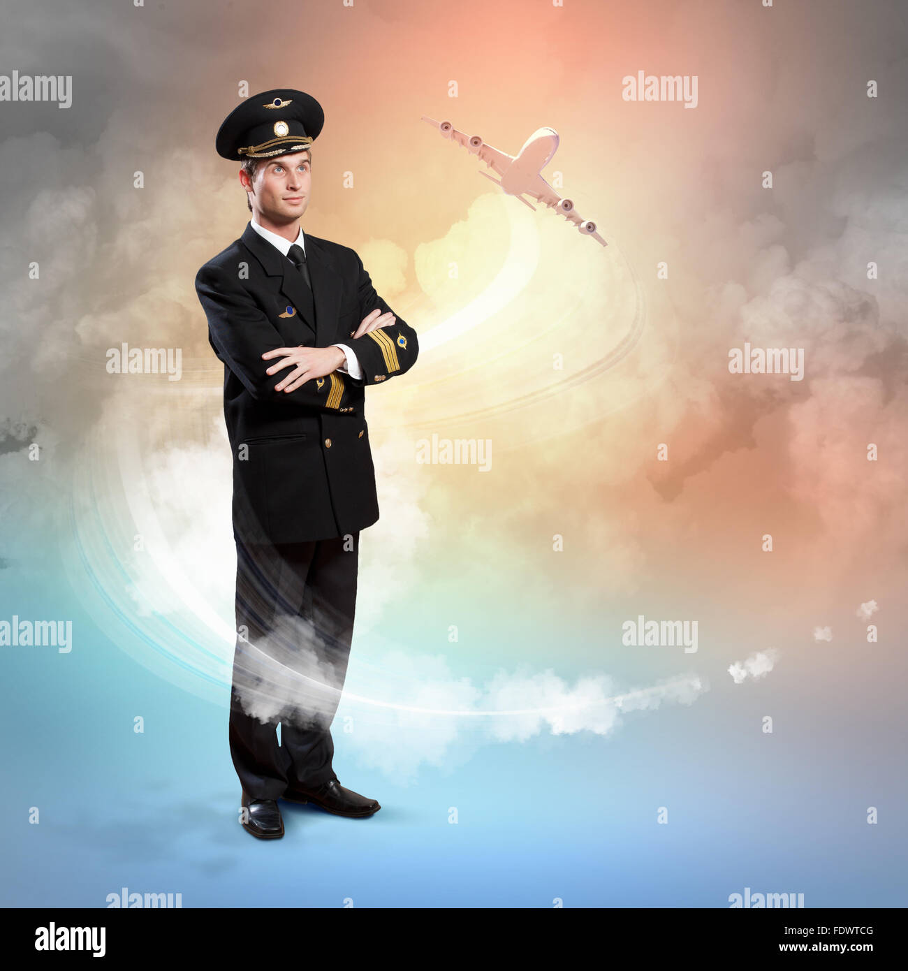 Image of male pilot with airplane flying around him Stock Photo - Alamy