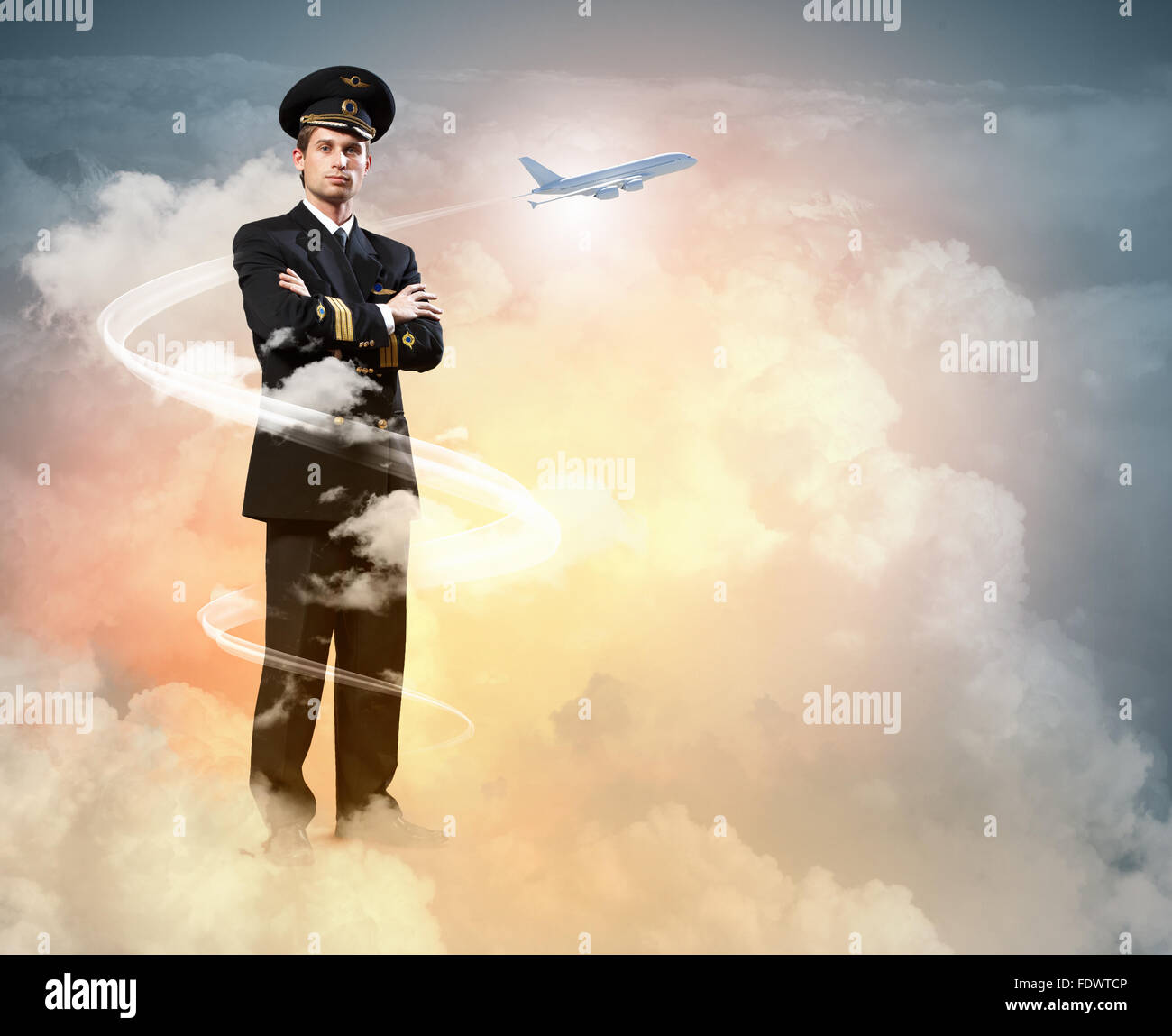 Image of male pilot with airplane flying around him Stock Photo - Alamy