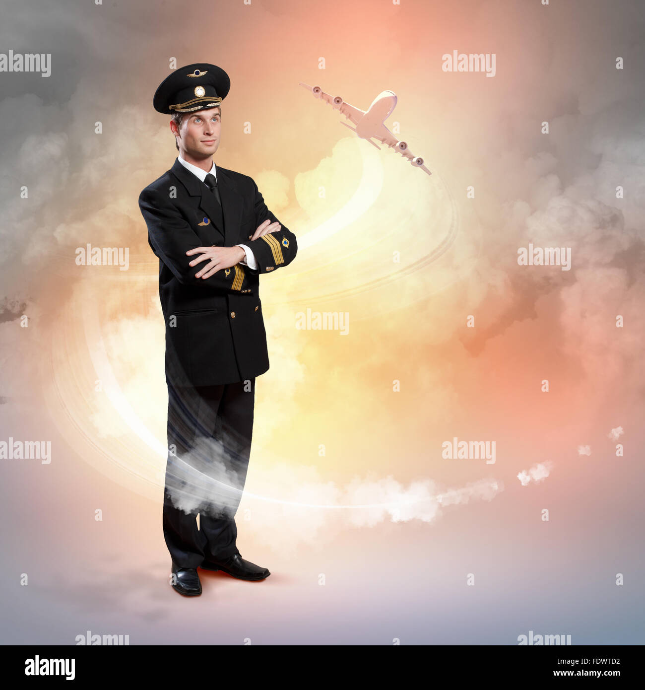 Image of male pilot with airplane flying around him Stock Photo - Alamy