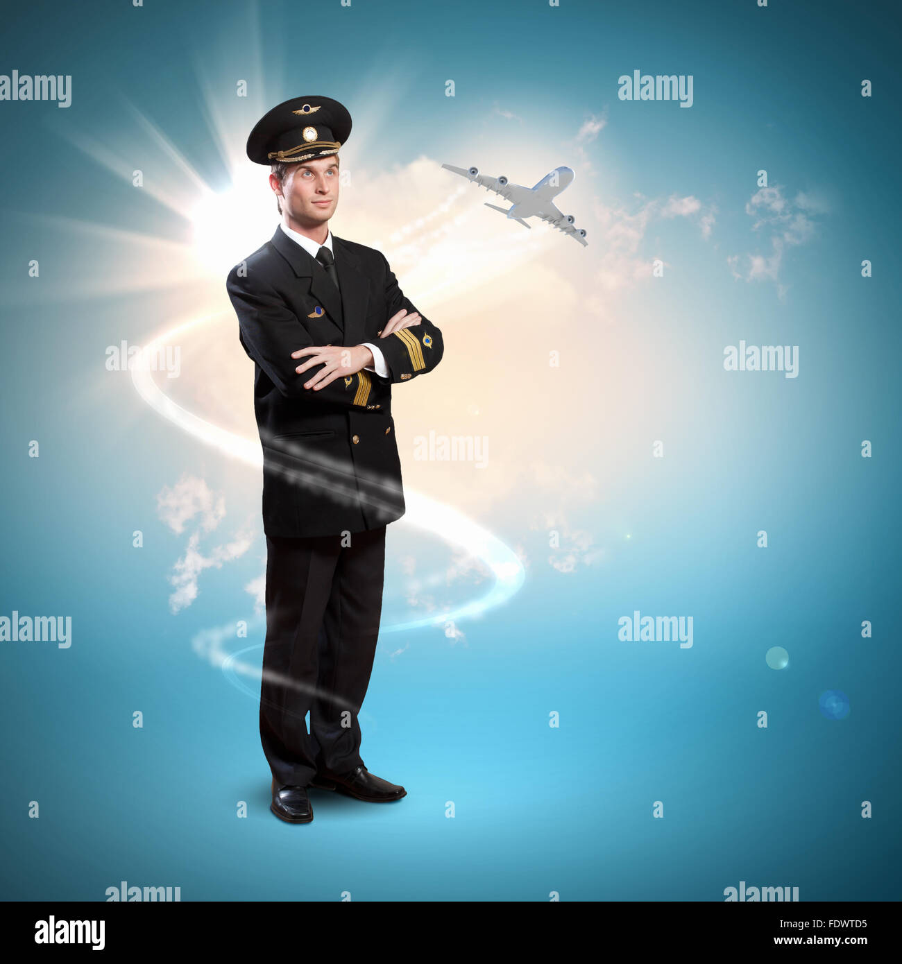 Image of male pilot with airplane flying around him Stock Photo - Alamy