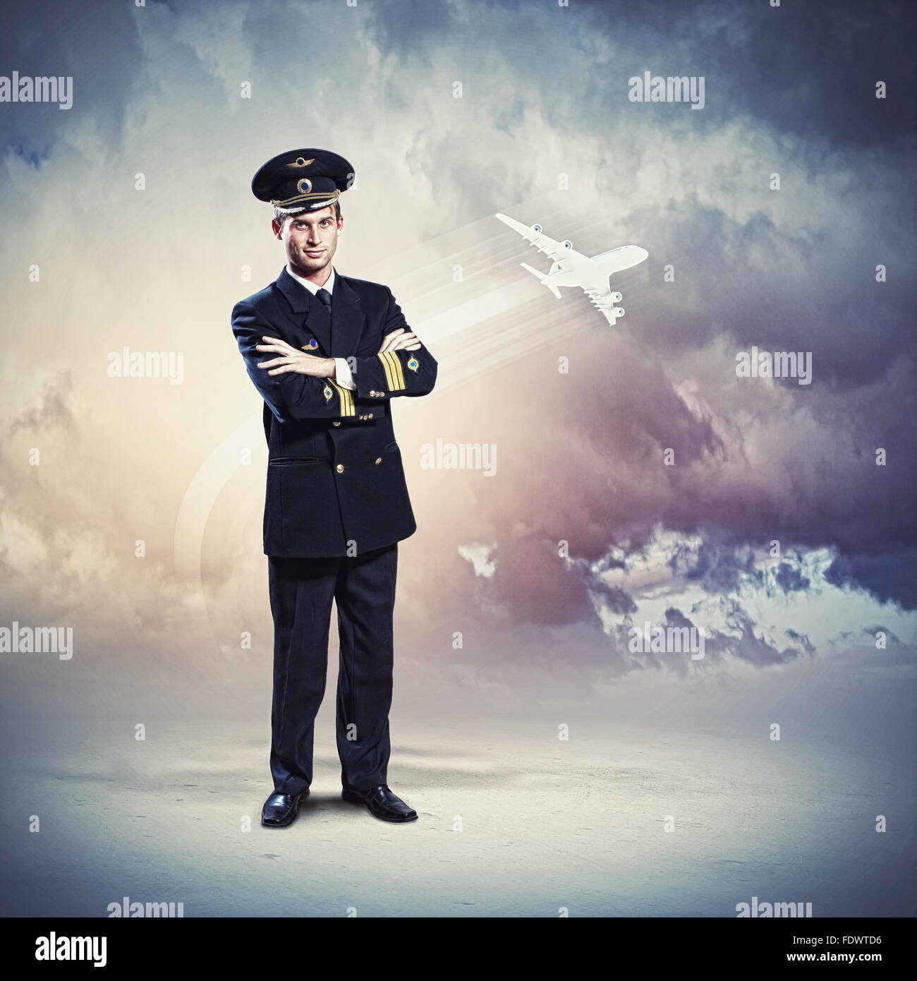 Image of male pilot with airplane at background Stock Photo - Alamy