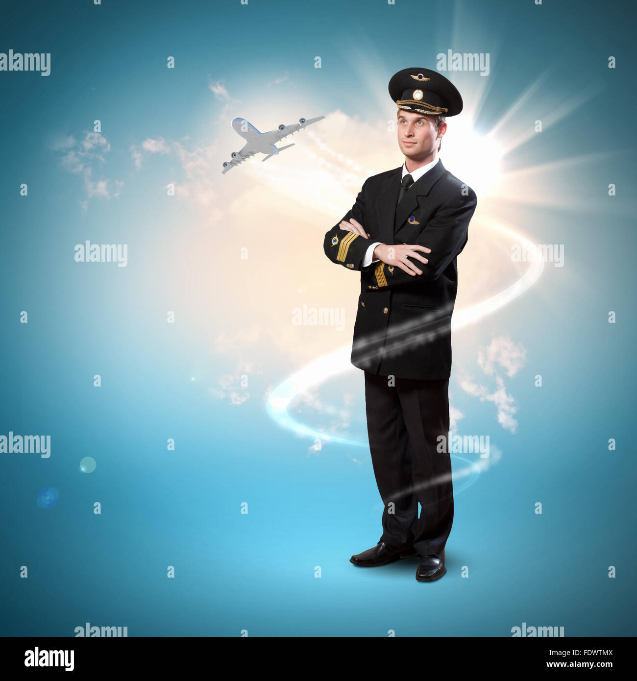Image of male pilot with airplane flying around him Stock Photo - Alamy