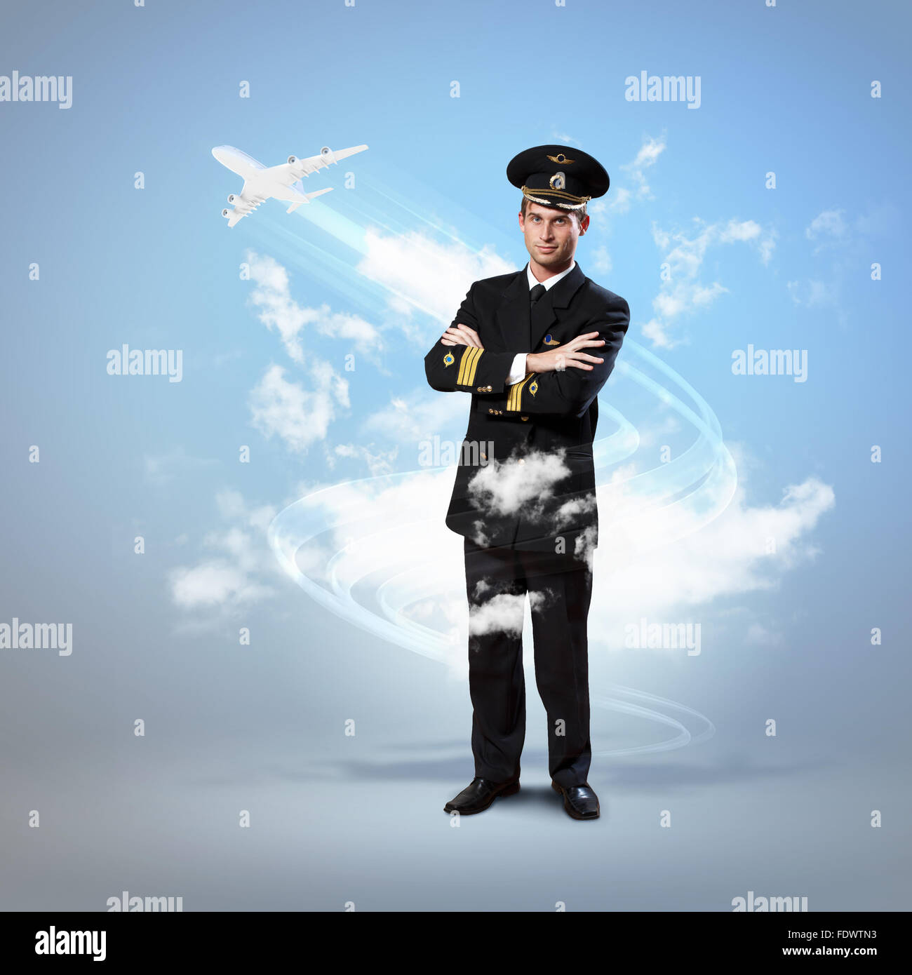 Image of male pilot with airplane flying around him Stock Photo - Alamy