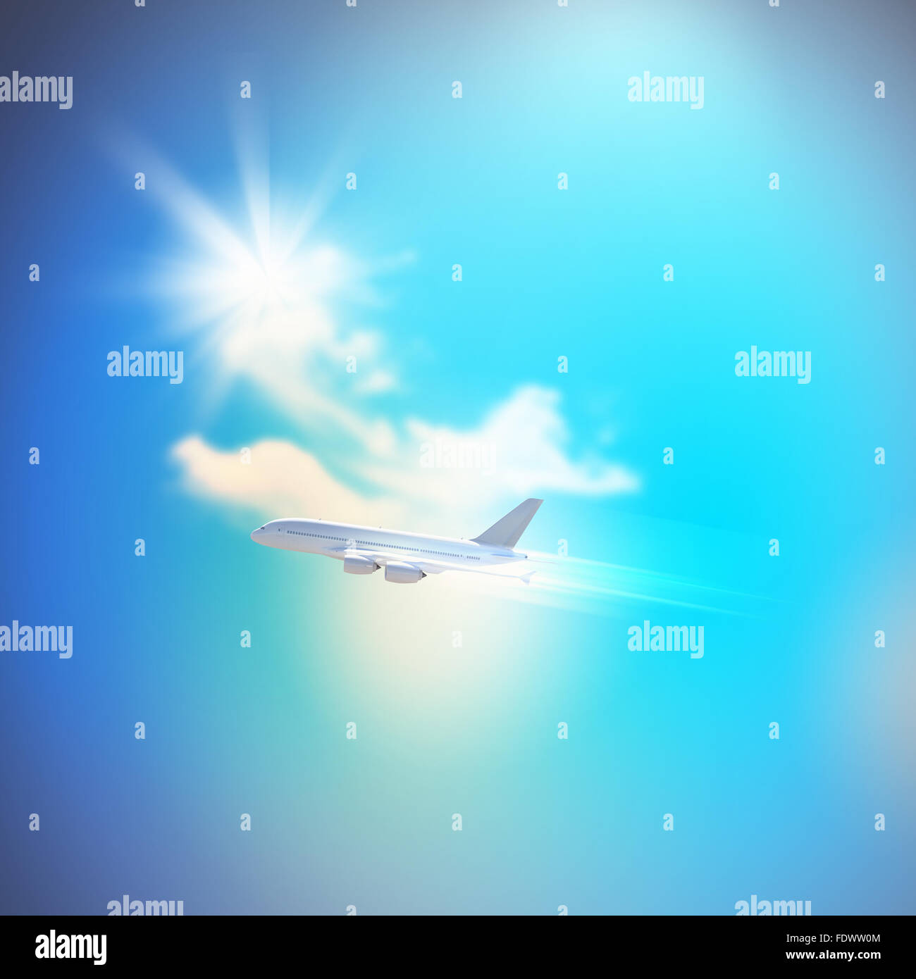 Image of flying airplane in clear sky with sun at background Stock ...