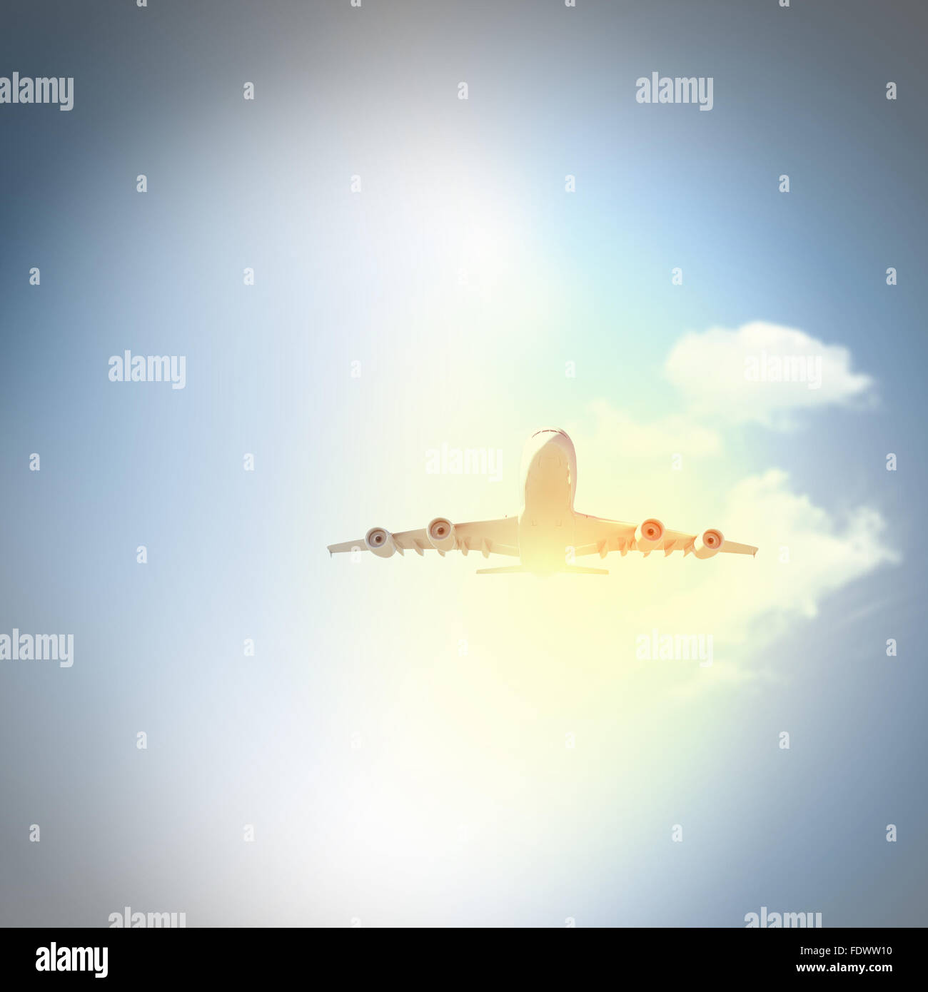 Image of flying airplane in clear sky with sun at background Stock ...