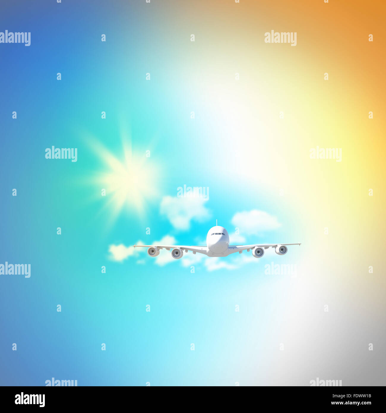 Image of flying airplane in clear sky with sun at background Stock ...