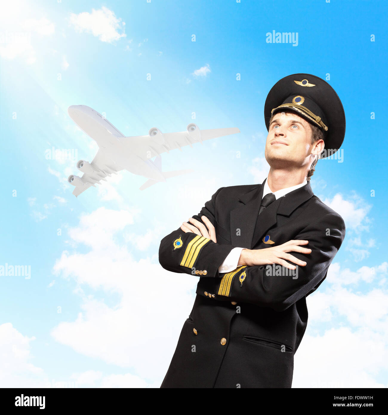 Image of male pilot with airplane at background Stock Photo - Alamy