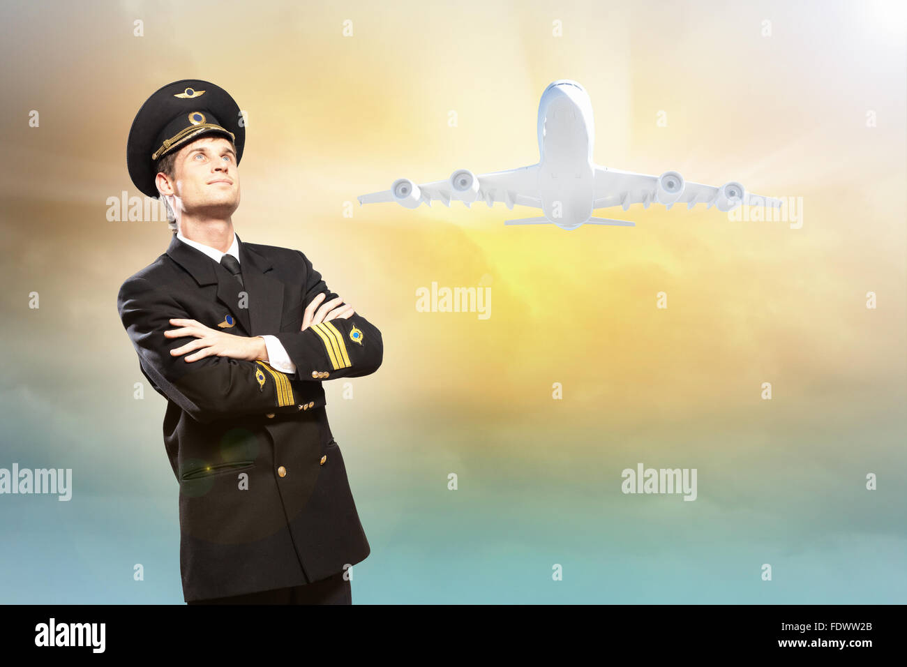 Image of male pilot with airplane at background Stock Photo - Alamy