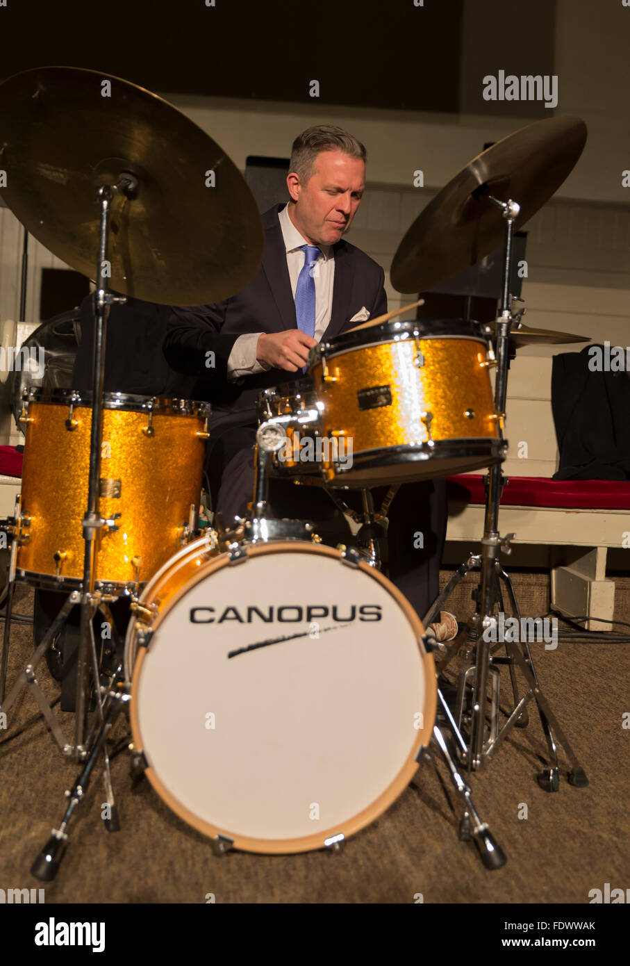 New York, NY - January 14, 2016: Joe Farnsworth plays drums at charity ...