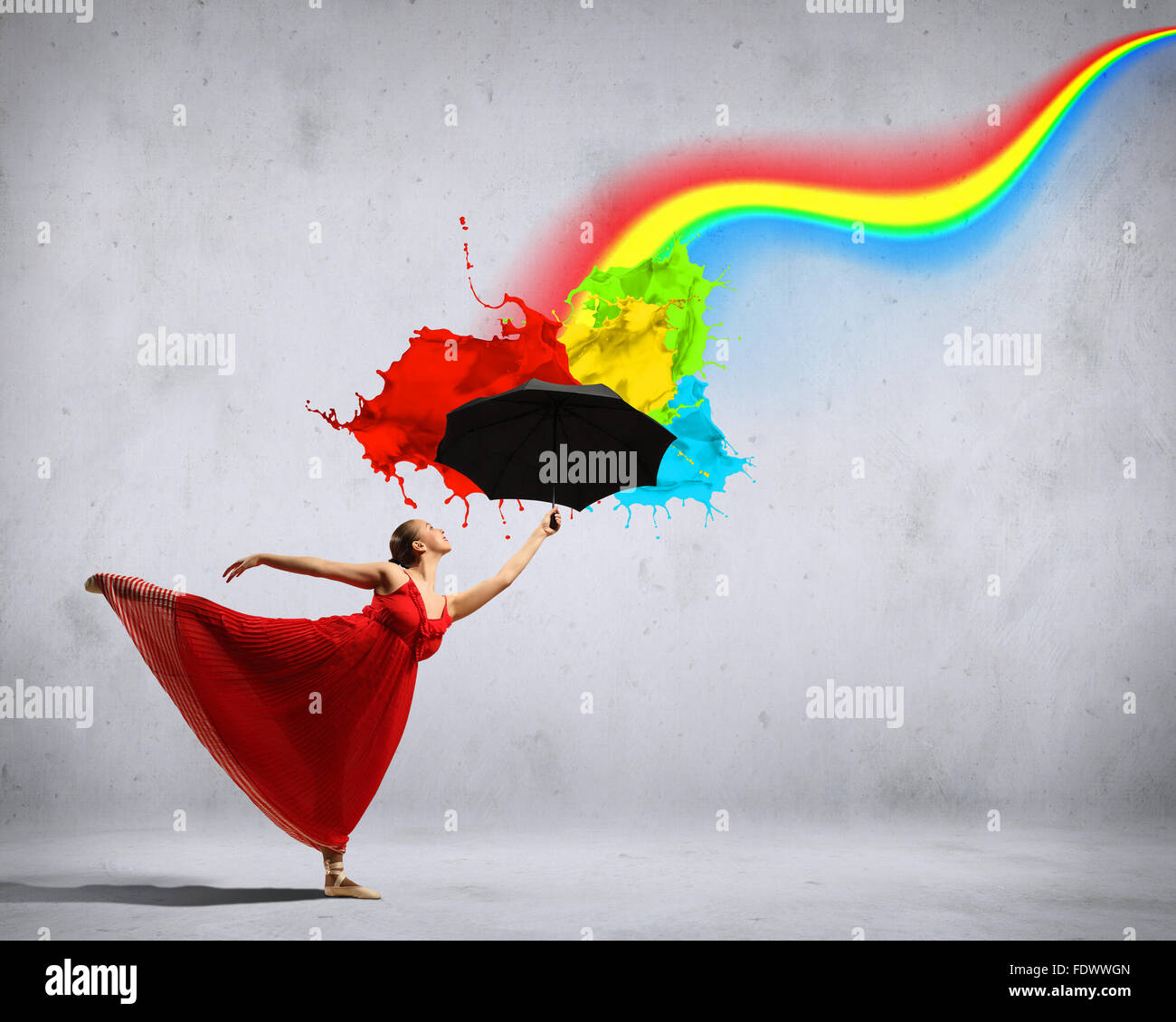 ballet dancer in flying satin dress with umbrella and a rainbow Stock ...