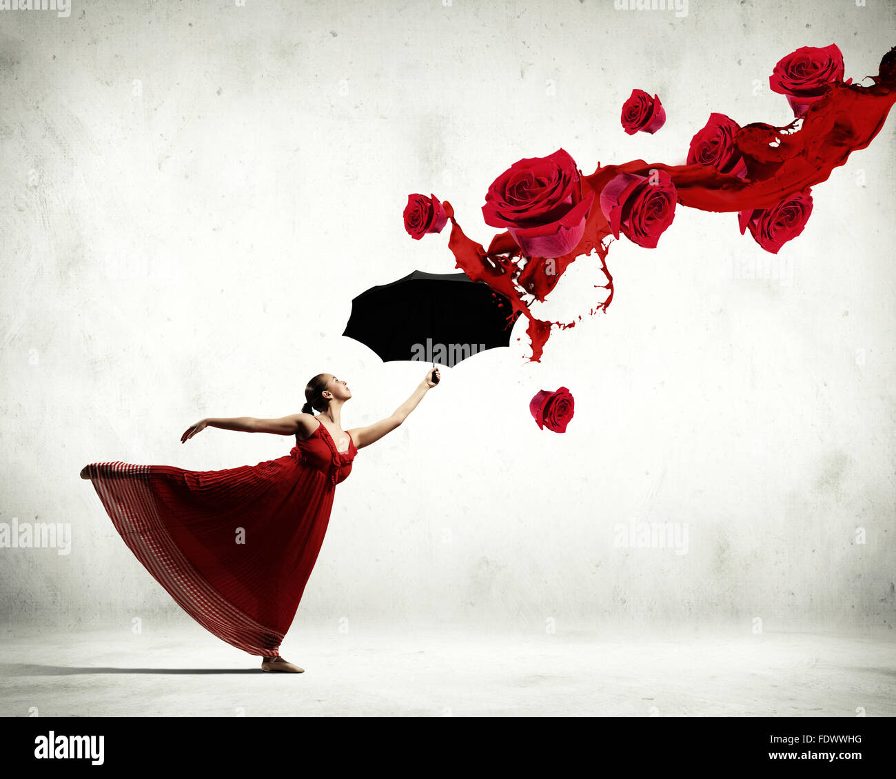 ballet dancer in flying satin dress with umbrella and flowers Stock ...