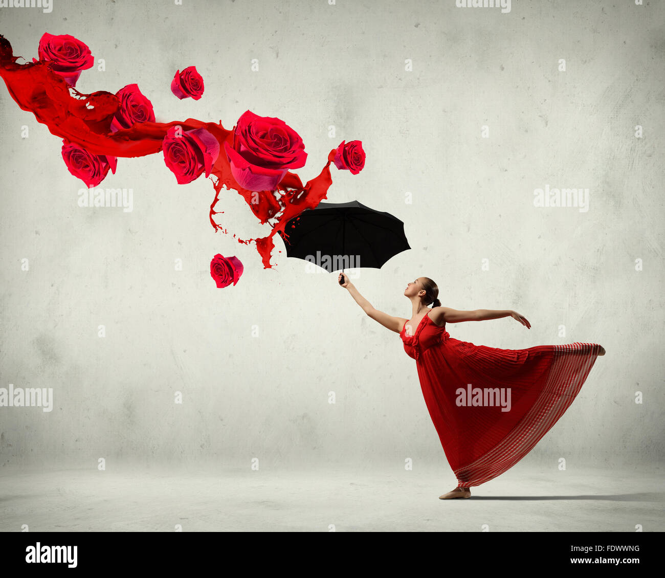 ballet dancer in flying satin dress with umbrella and flowers Stock ...
