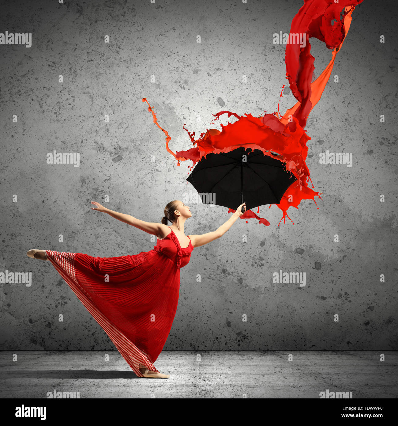 ballet dancer in flying satin dress with umbrella under the paint Stock ...