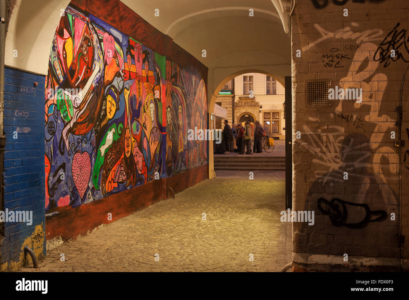 Poland, city of Wroclaw by night, street art, mural and graffiti with ...