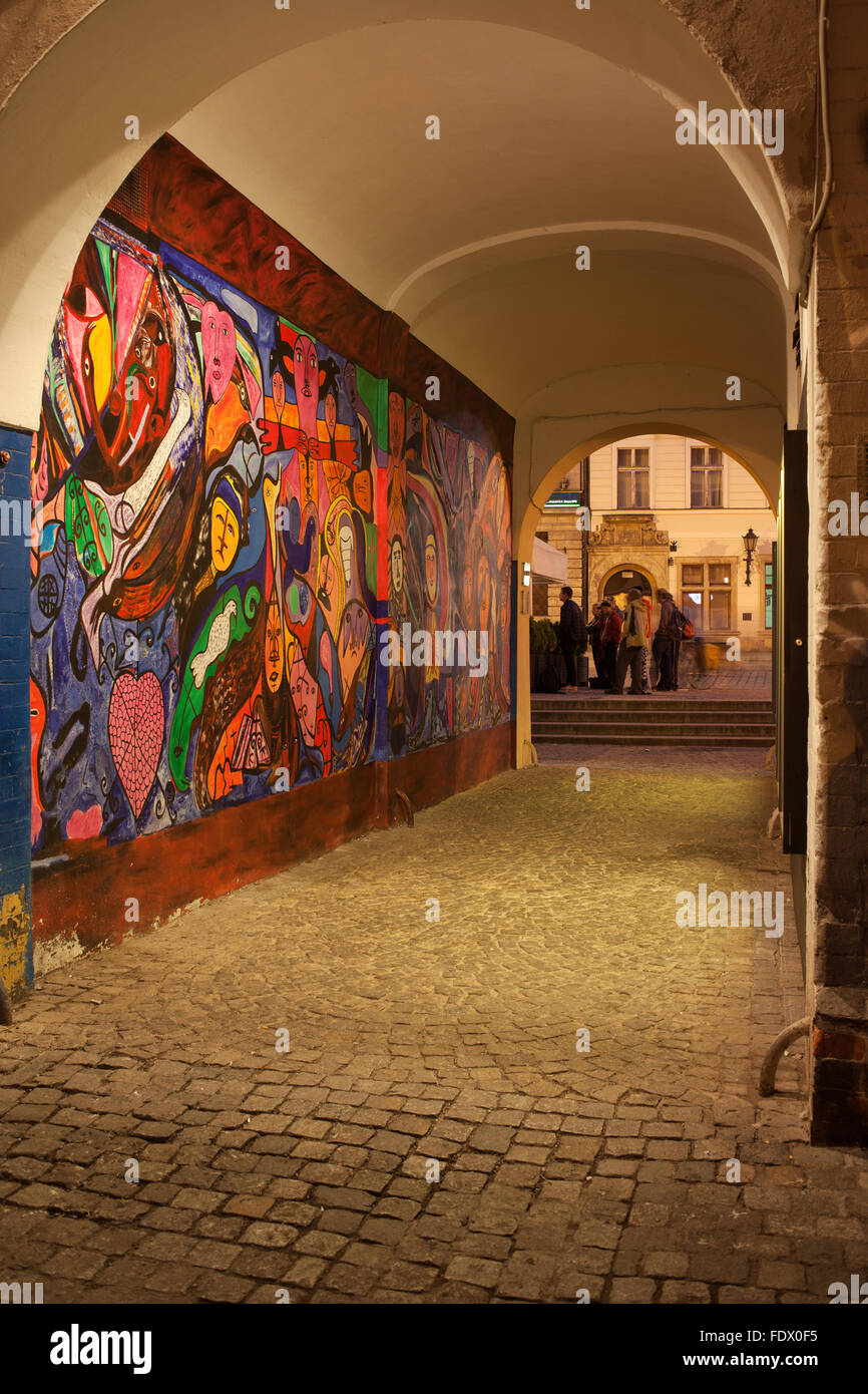 Poland, city of Wroclaw by night, street art, mural and graffiti with ...