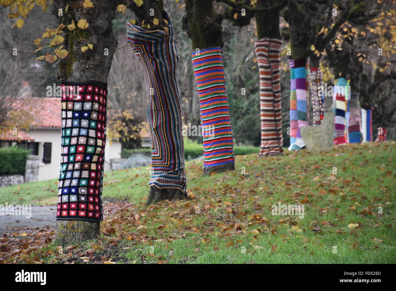 Decorated trees beside the Eglise de Charroux (Charroux church) Vienne ...