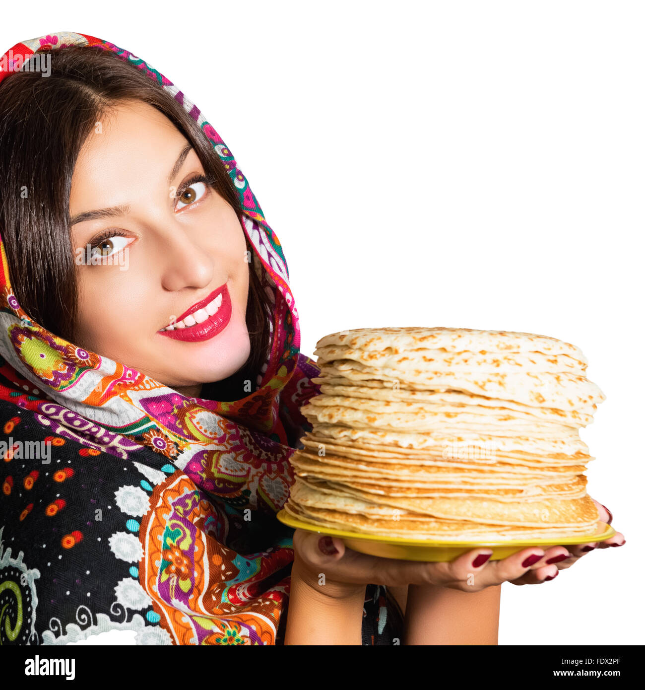 Portrait of a beautiful cheerful young woman with pancakes Stock Photo ...