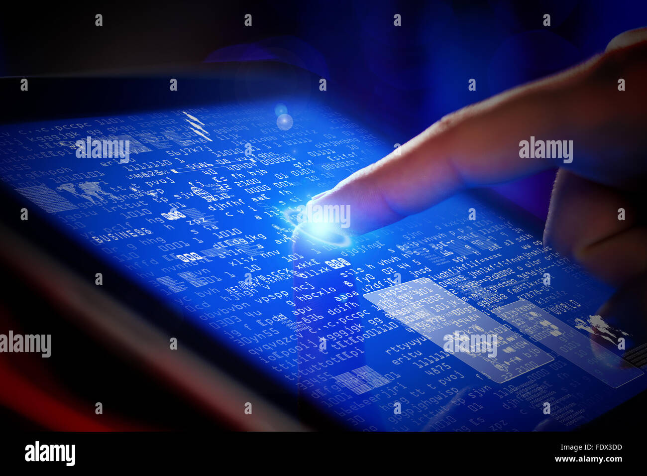 Closeup of finger touching blue toned screen on tablet-pc Stock Photo ...