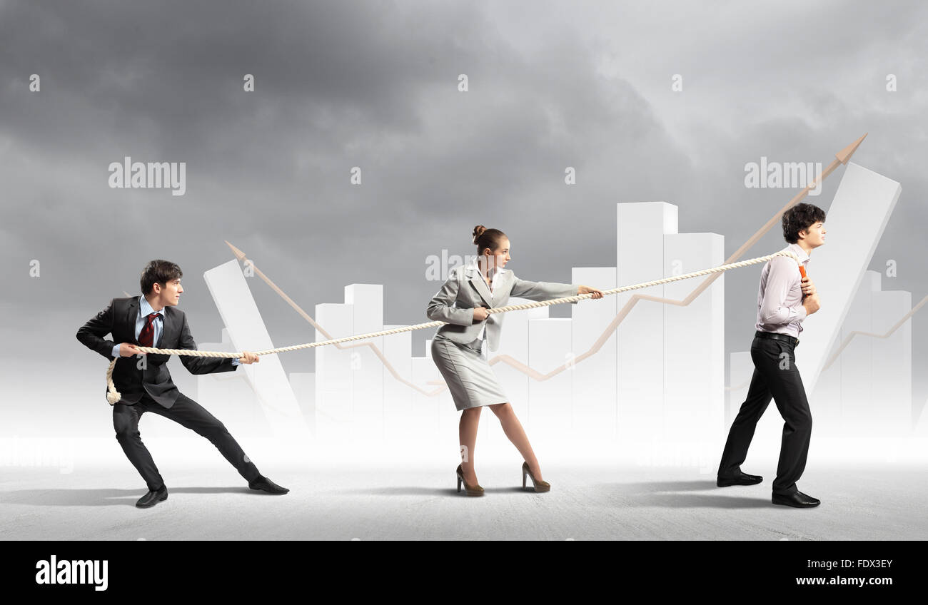 Image of three businesspeople pulling rope with bars picture in ...