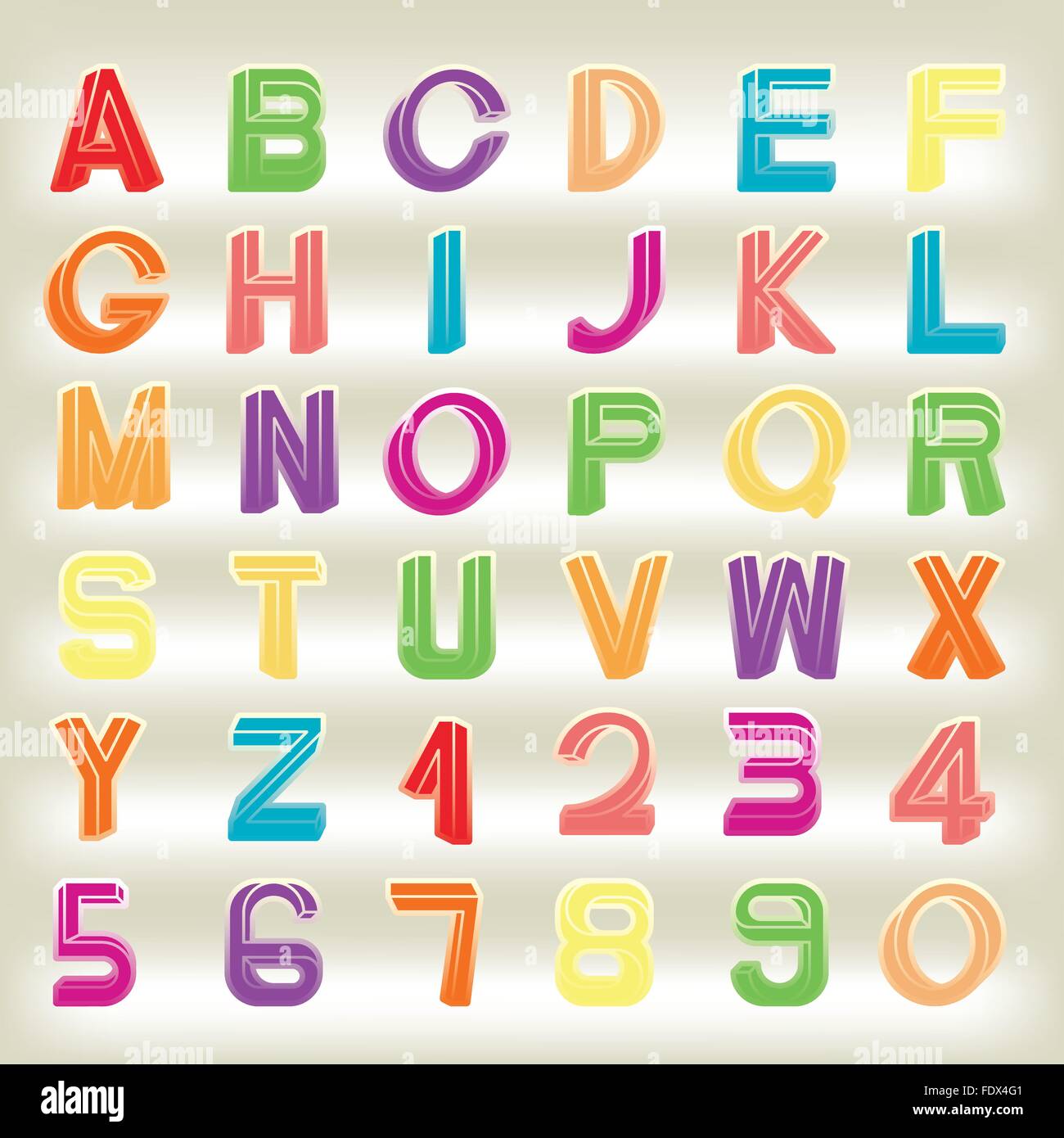 Impossible font set, including numerals, rainbow colors and gradients ...
