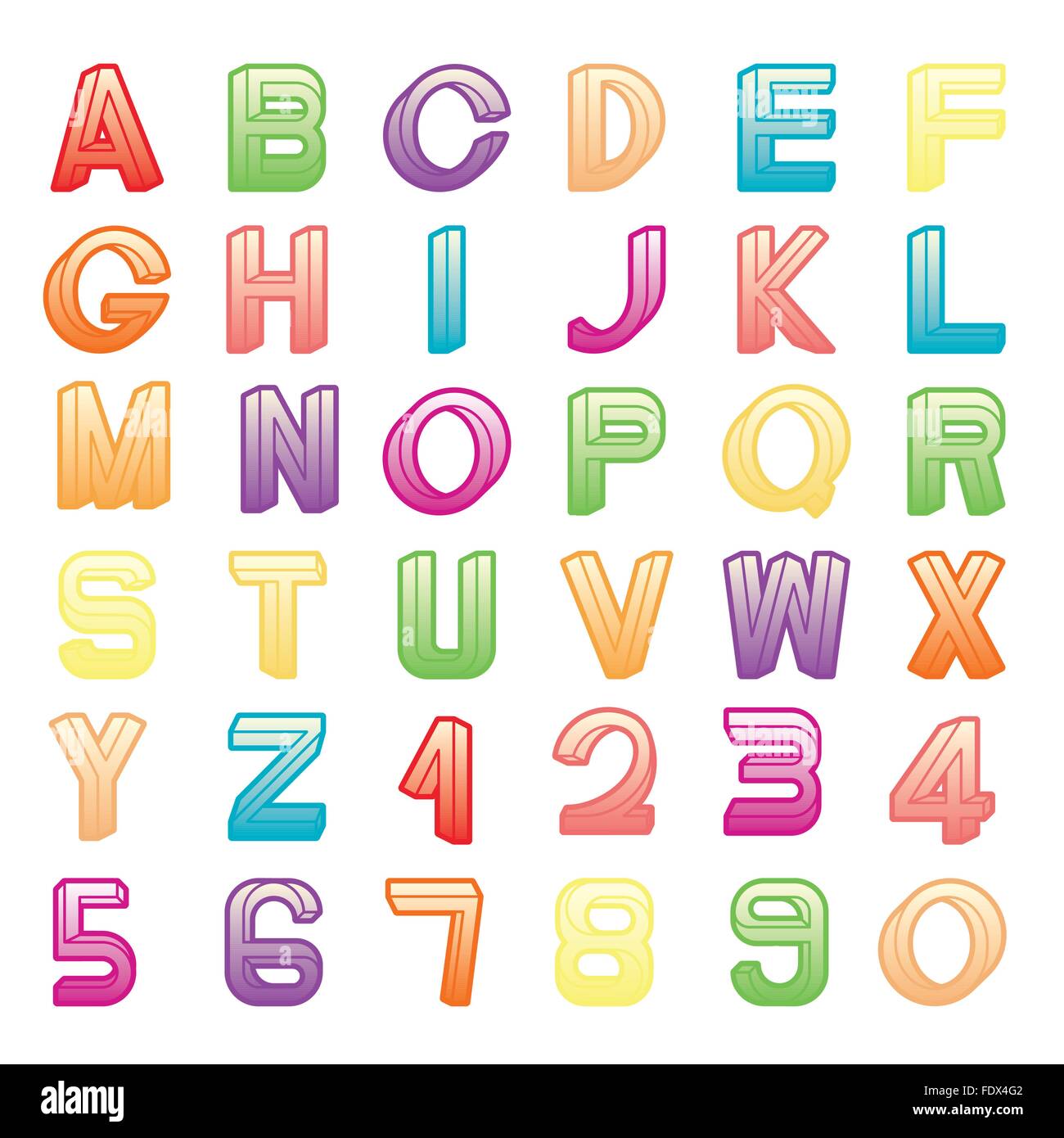 Impossible font set, including numerals, rainbow colors and gradients ...