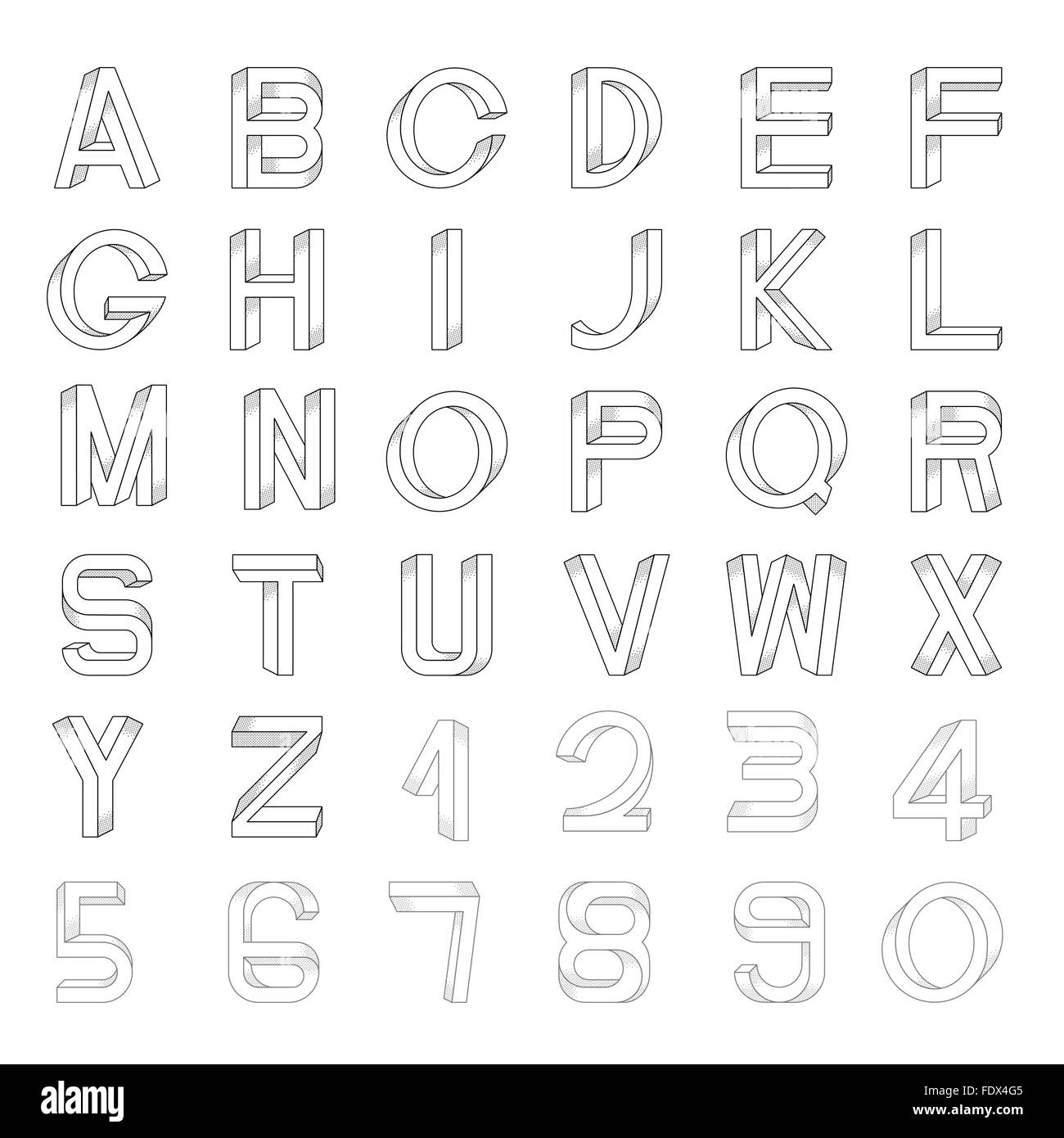 Impossible font set, including numerals. Raster dots pattern is applied ...