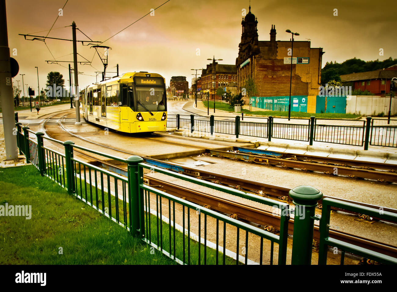 Tram leaving Mumps Bridge Station for Rochdale Stock Photo - Alamy