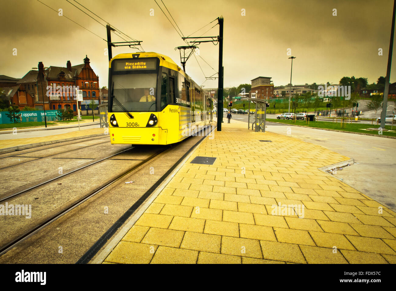 Tram arriving at Mumps Bridge, Oldham, Lancashire, UK Stock Photo - Alamy