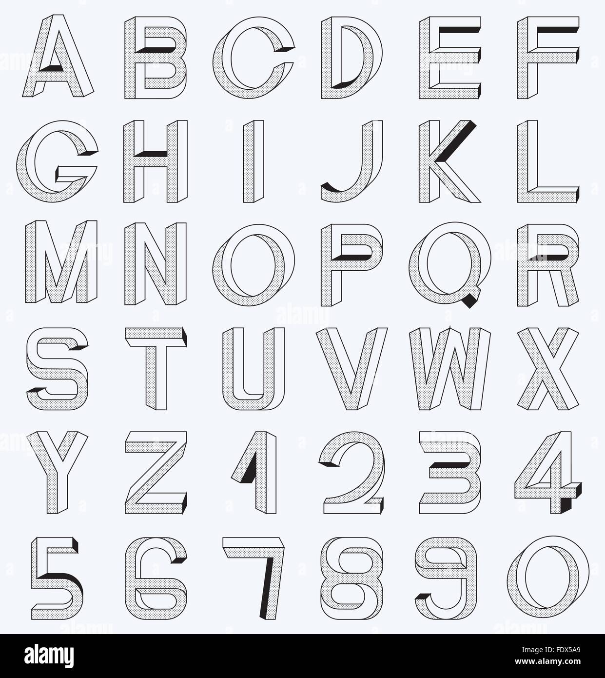 Impossible font set, including numerals. Raster dots pattern is applied ...
