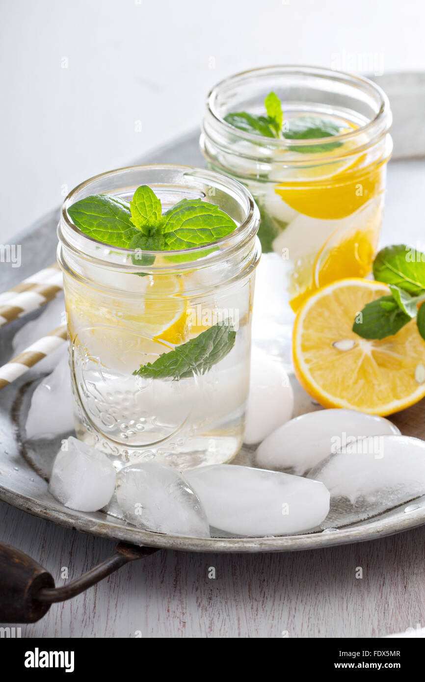 Refreshing ice cold water with lemon and mint Stock Photo - Alamy