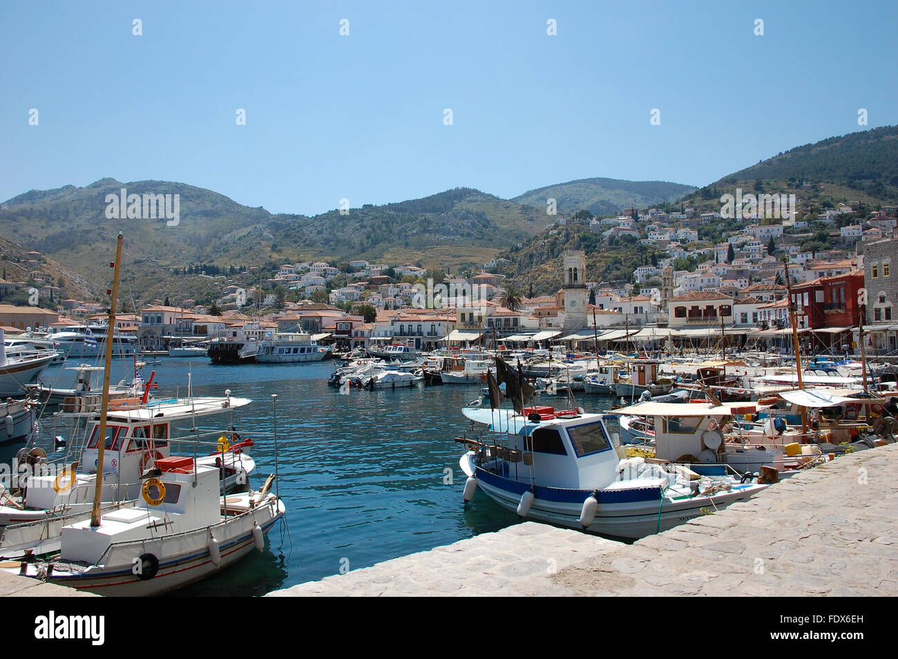 Port with fishing boats and city view in Hydra Greece Stock Photo - Alamy