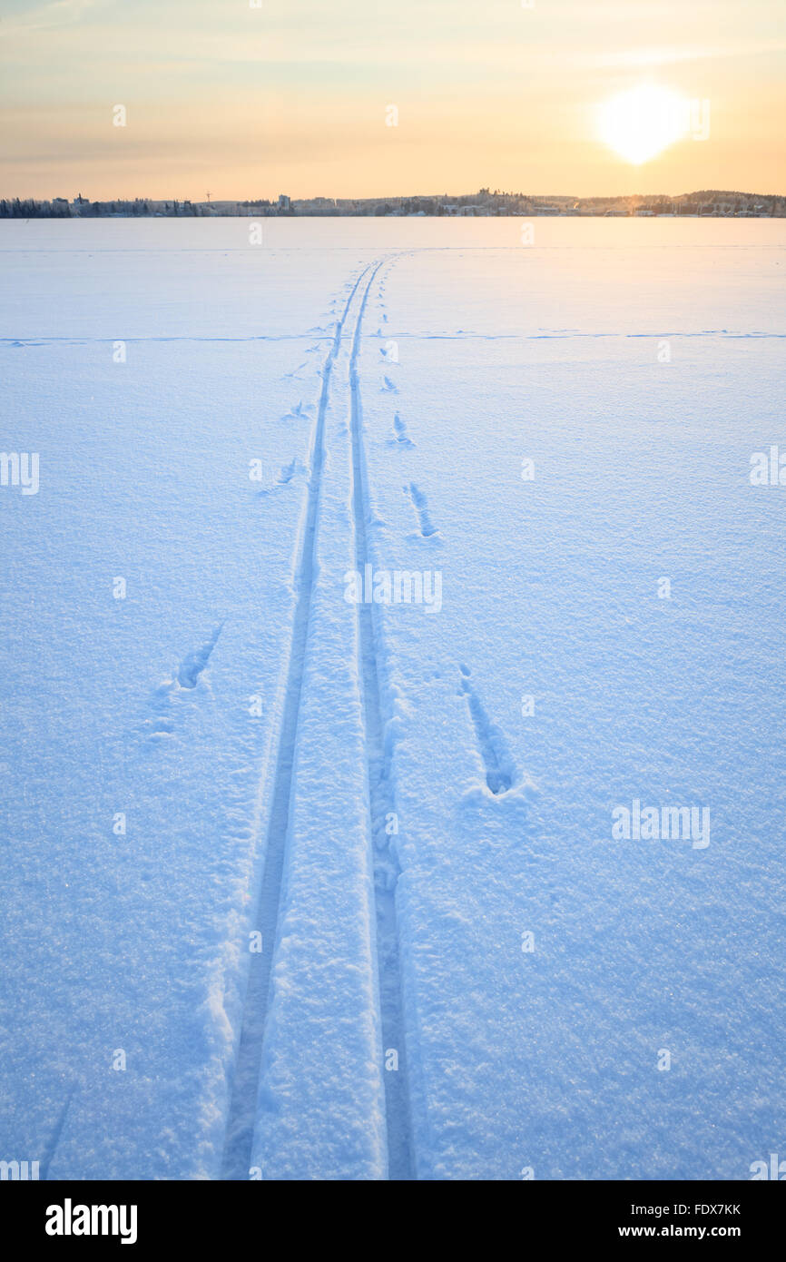 Ski tracks snow lake Stock Photo - Alamy