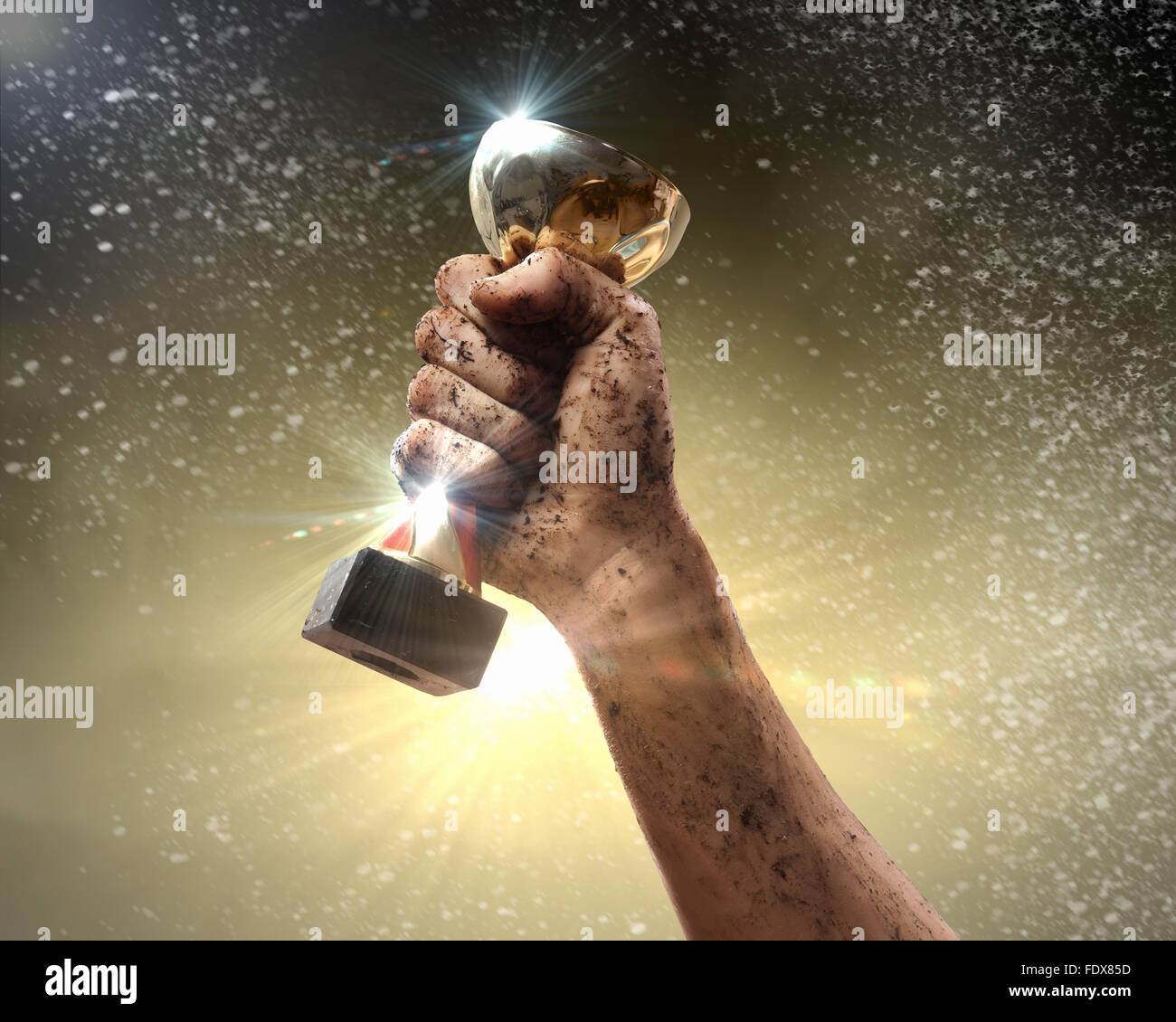 We did it! Hand tighten the cup winner against lightning dark sky Stock ...