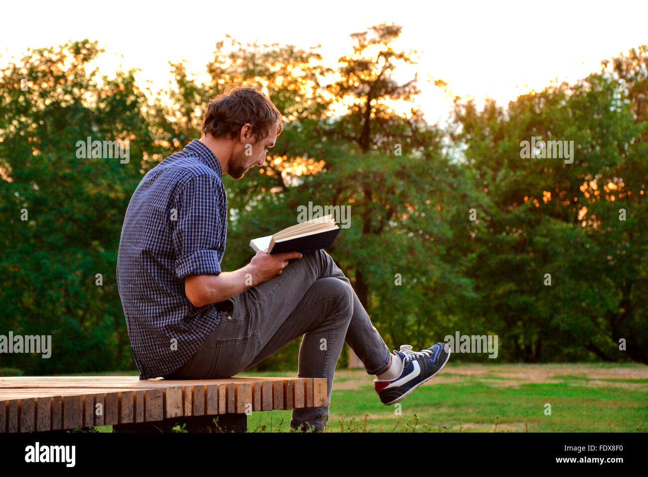Guy sitting on a bench in the park reading book Stock Photo - Alamy