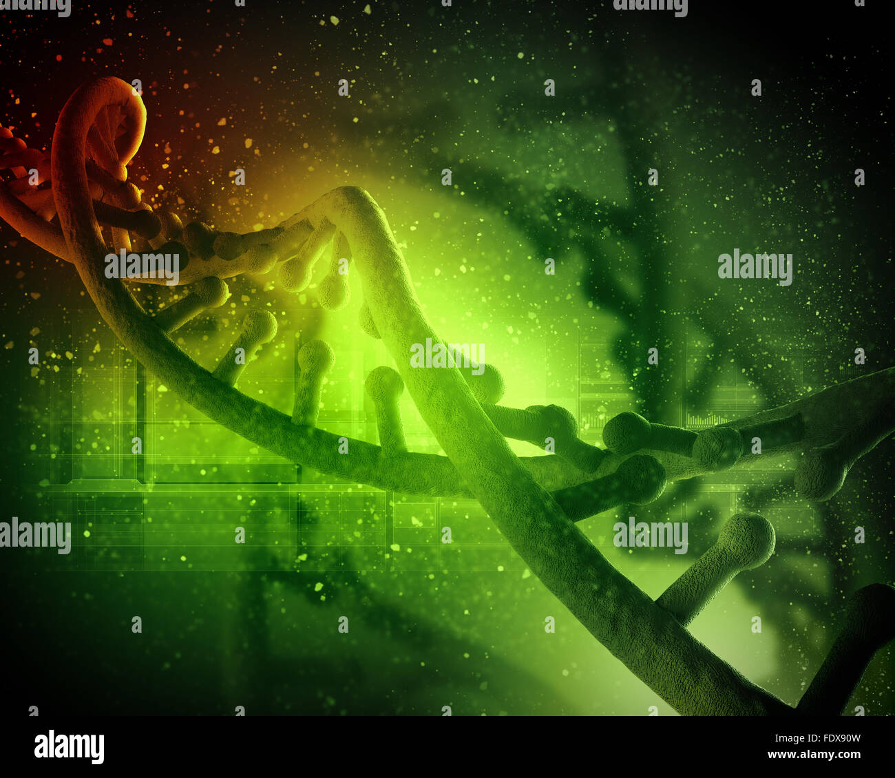 DNA molecule is located in front of a colored background. abstract ...