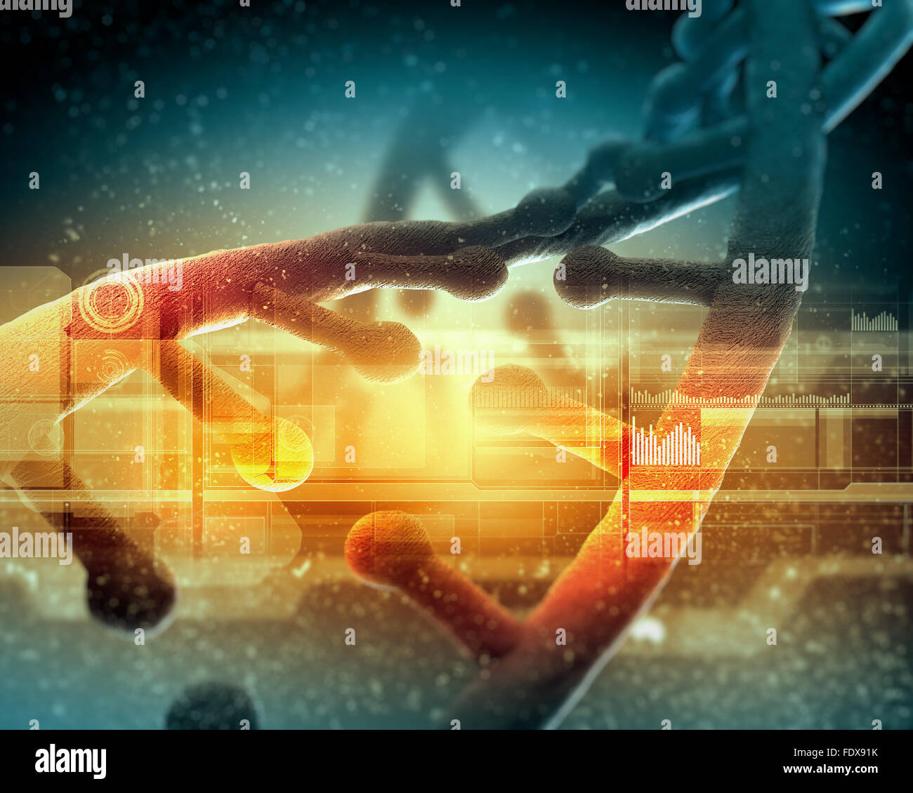 DNA molecule is located in front of a colored background. abstract ...