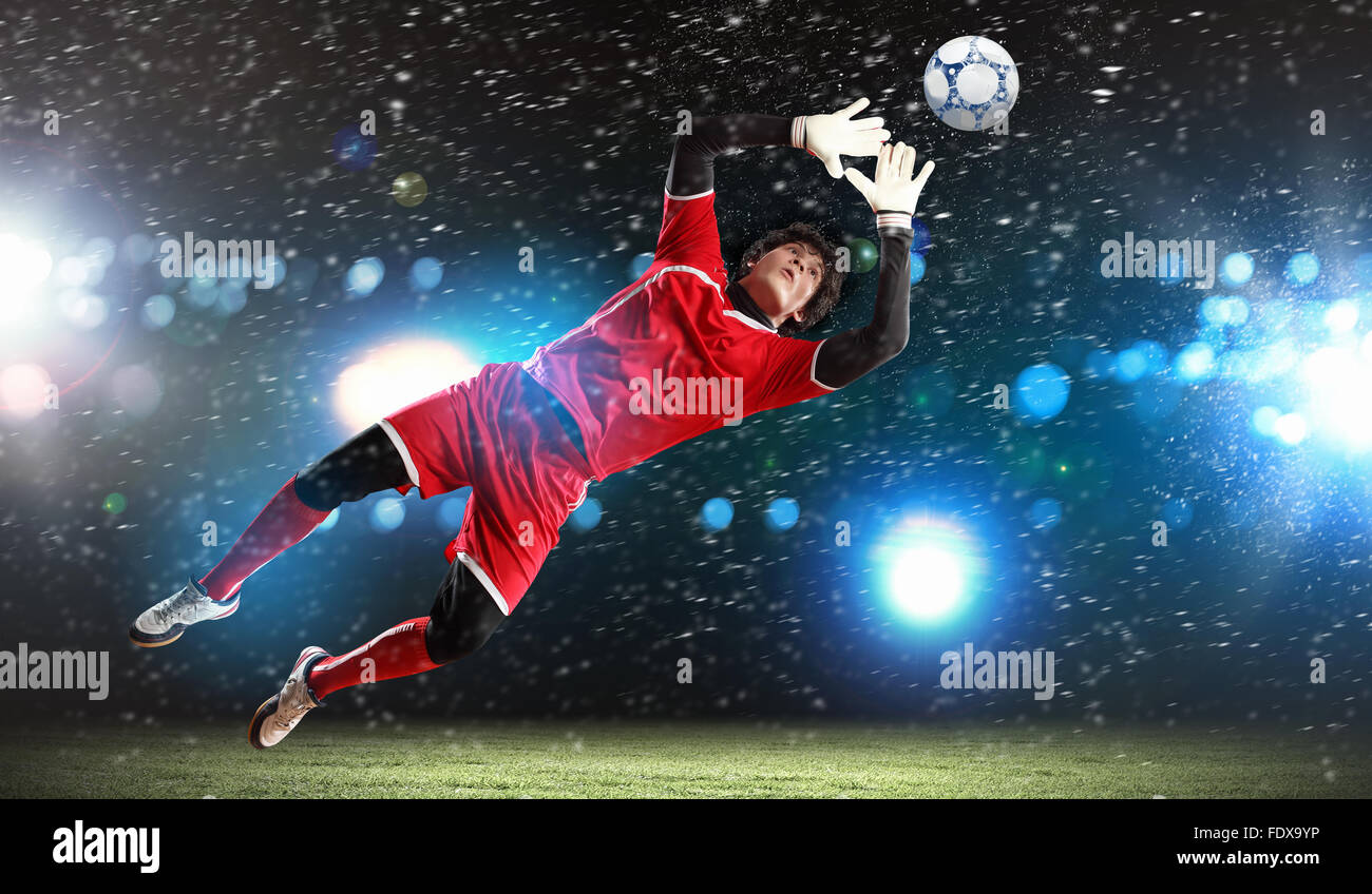 Goalkeeper catches the ball . At the stadium, in the spotlight Stock ...