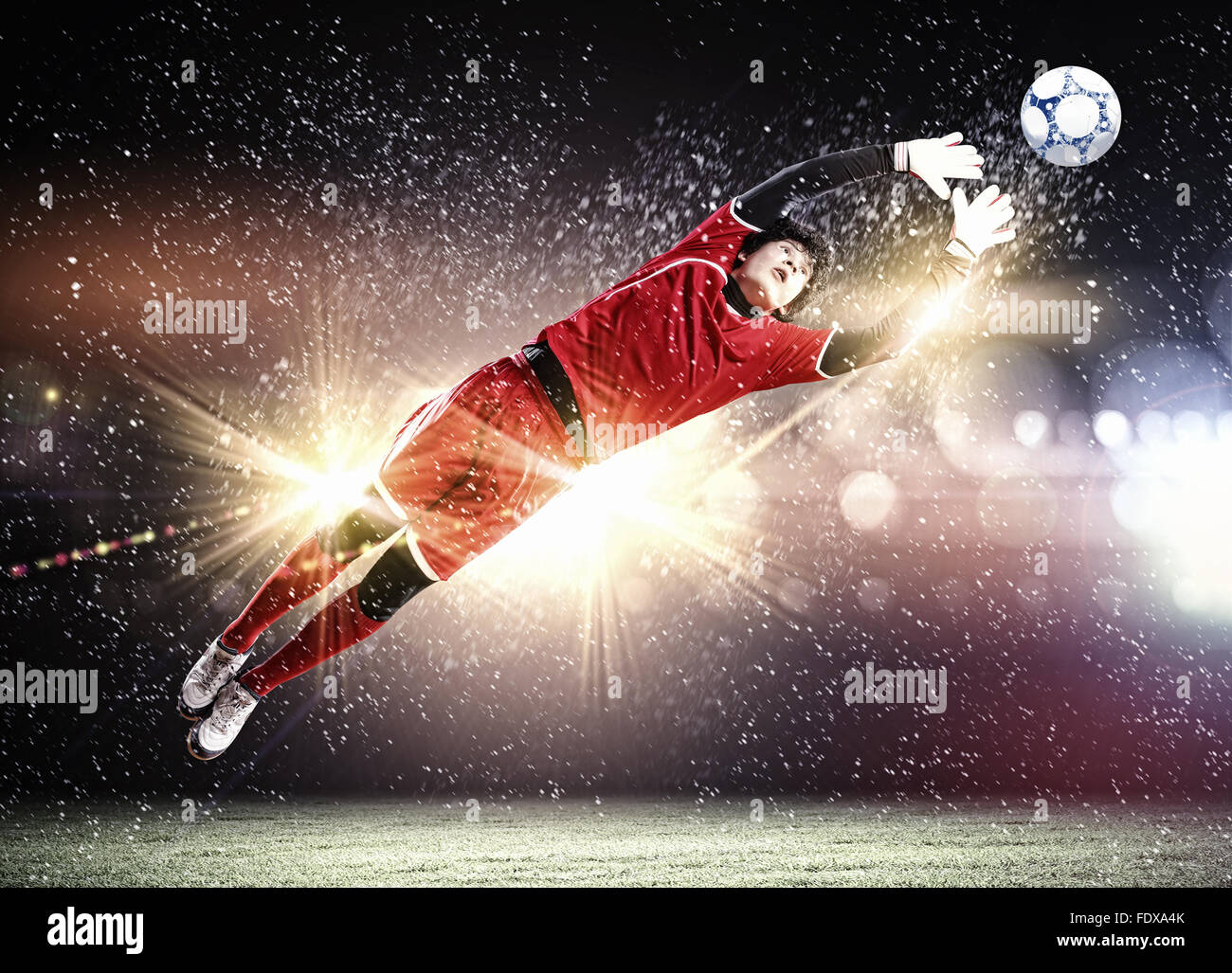 Goalkeeper catches the ball . At the stadium, in the spotlight Stock ...