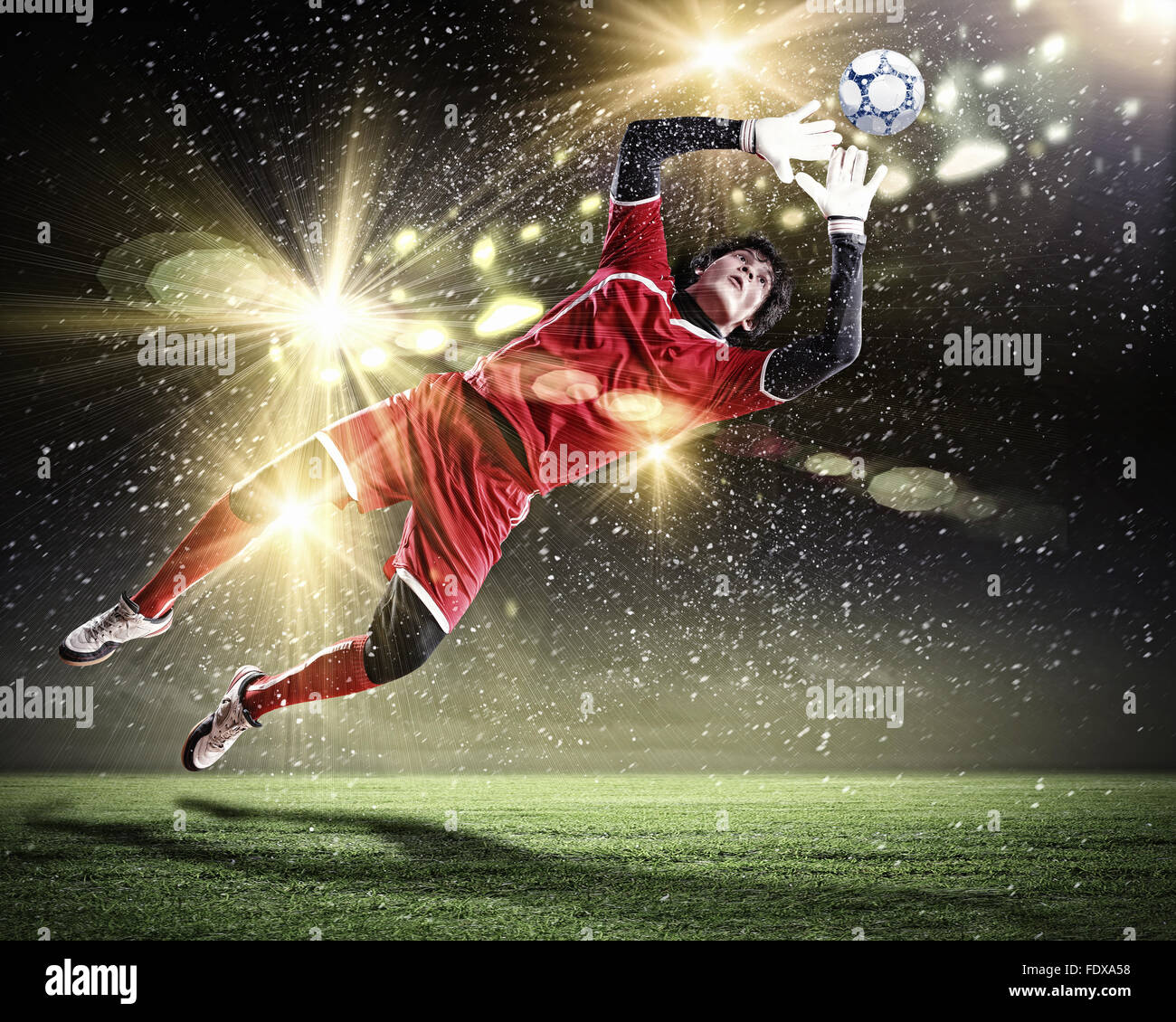 Goalkeeper catches the ball . At the stadium, in the spotlight Stock ...