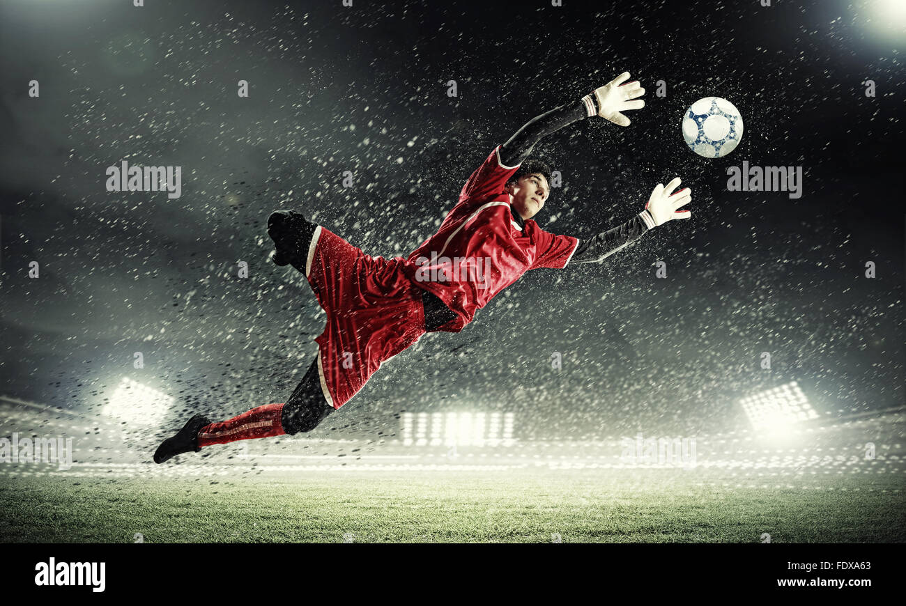 Goalkeeper catches the ball . At the stadium, in the spotlight Stock ...